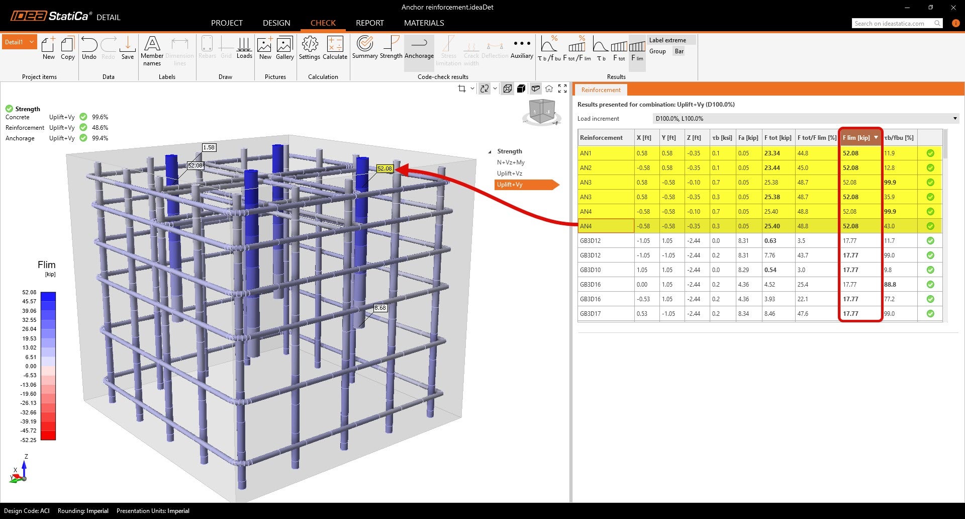 Complete code-check of anchors and concrete block in Detail 3D (ACI) | IDEA StatiCa